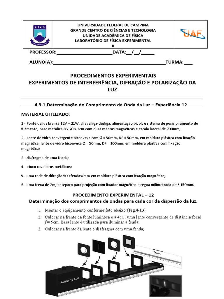 Procedimento Experimental Difração Luz | PDF | Ótica | Reflexão (Física)
