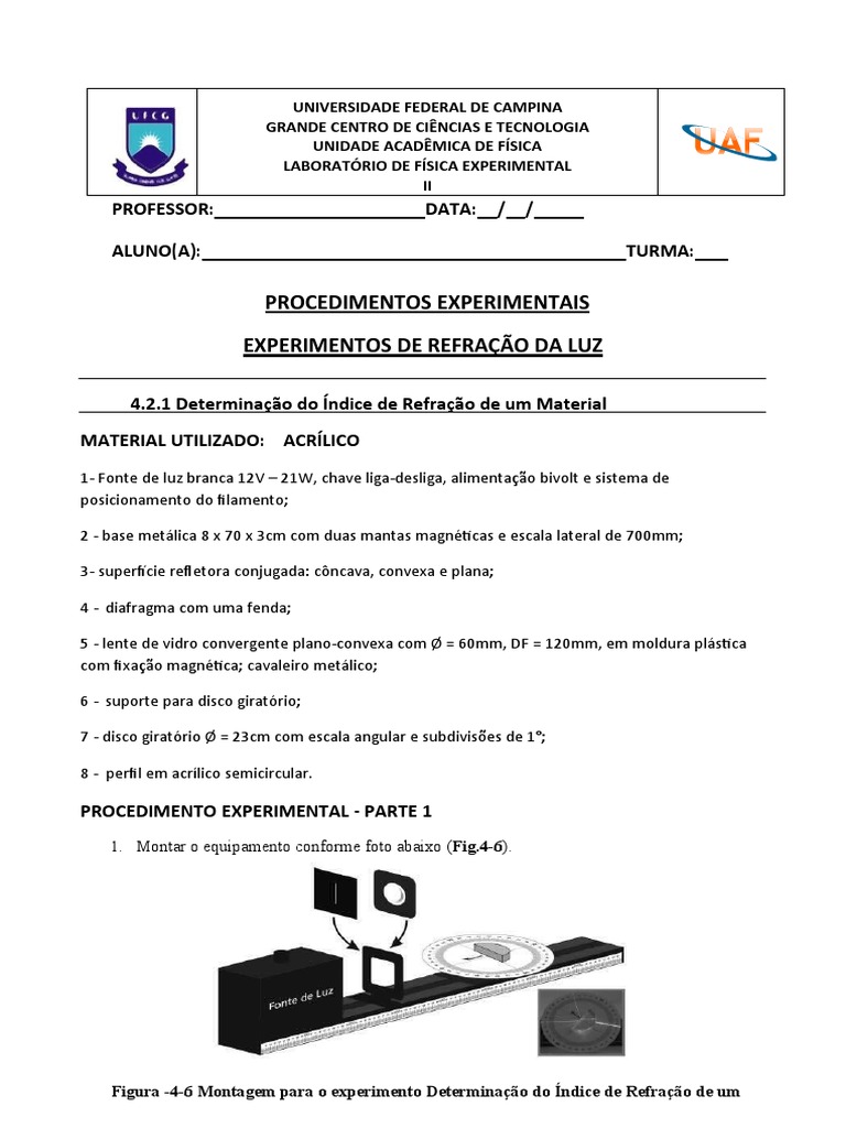 Procedimento Experimental Refração Da Luz | PDF | Ótica | Reflexão (Física)