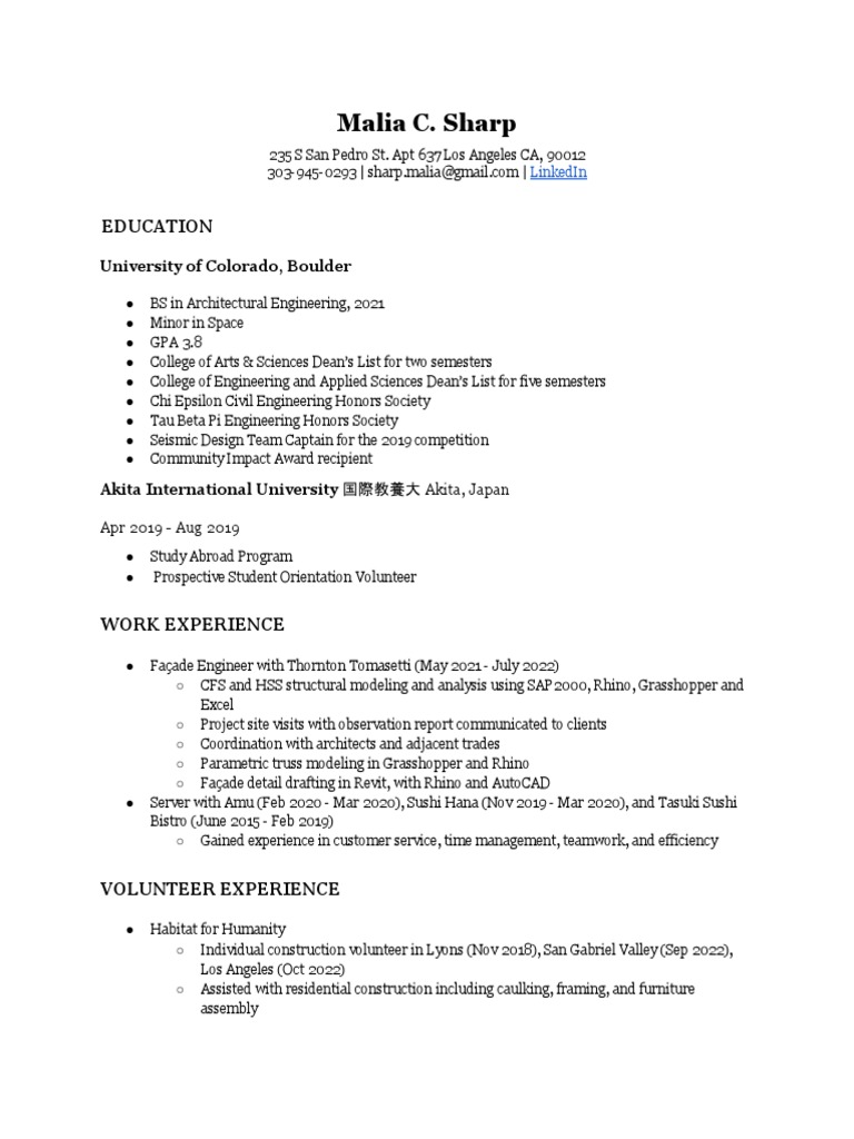 CV Sharp Malia | PDF
