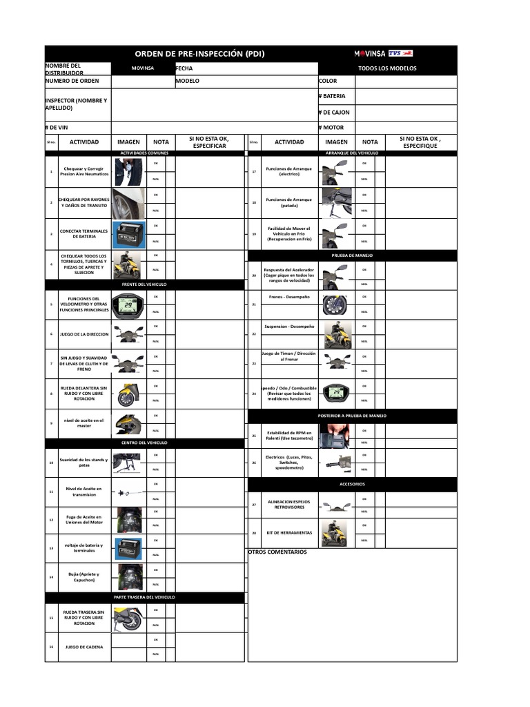 Pdi Check List Ntorq Movinsa Revisada en Español | PDF | Vehículo de ...