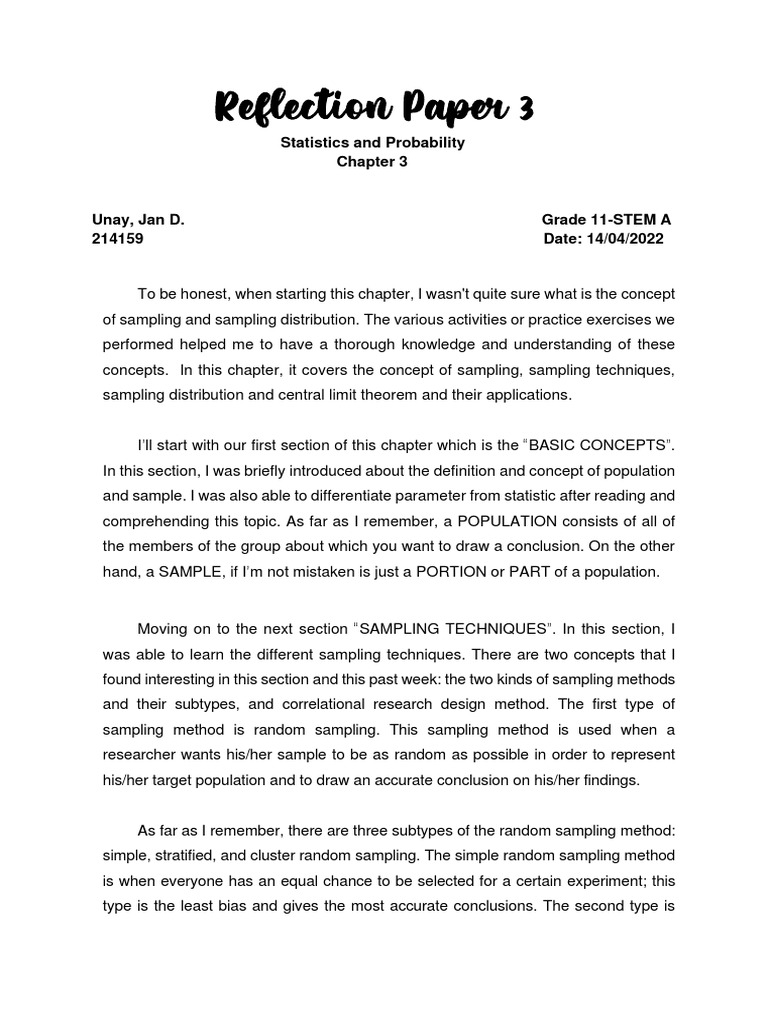 Reflection Paper (Chapter 3) in Statistics and Probability Jan D. Unay ...