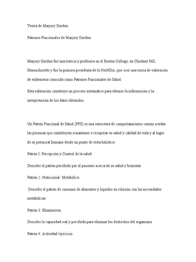 Teoría de Marjory Gordon y sus Patrones | PDF