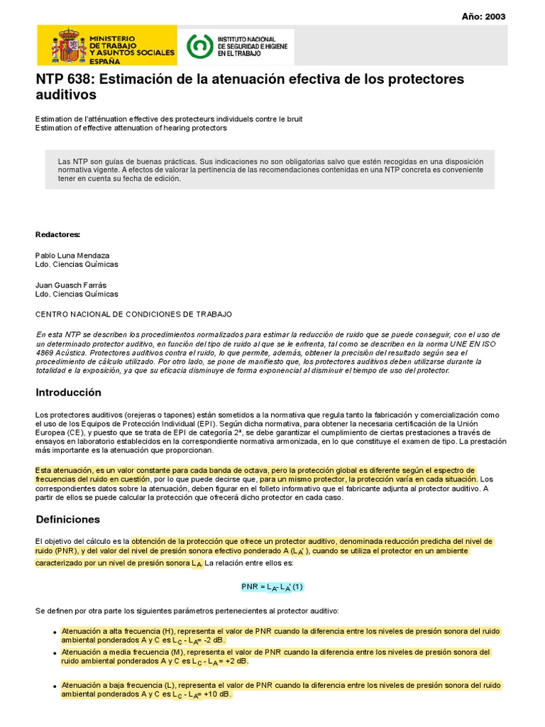 NTP - 638 Estimación de La Atenuación Efectiva de Protectores Auditivos | PDF | Decibel ...
