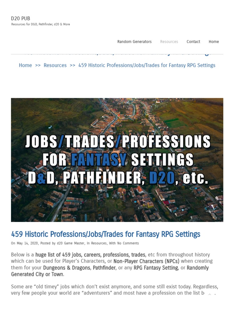 459 Historic Professions - Jobs - Trades For Fantasy RPG Settings | PDF ...