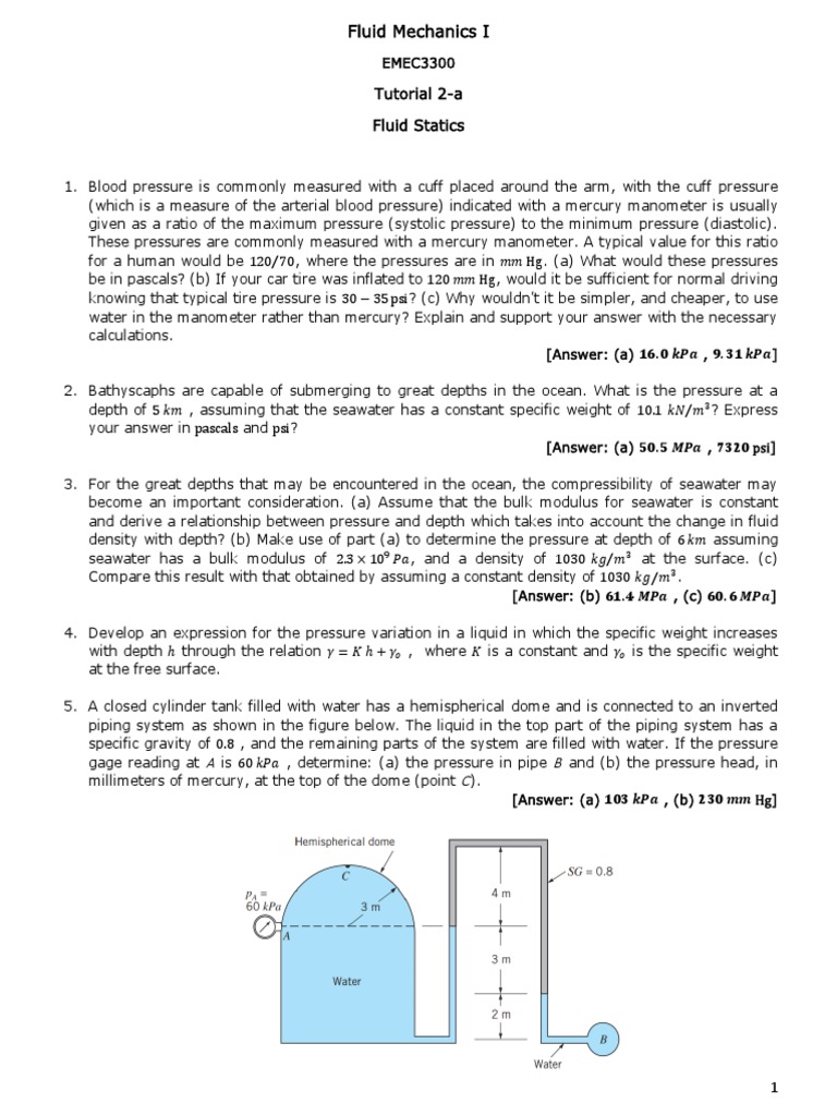 FLUID I CH 1 Fluid Statics Tut 2 A | PDF | Pressure | Pressure Measurement