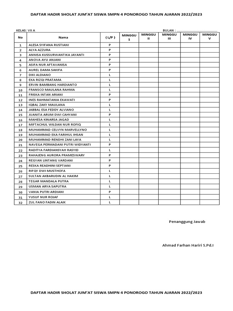 Daftar Hadir Sholat Jum | PDF
