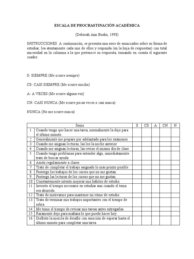 Copia Escala de Procrastinación Académica | PDF | Dilación ...