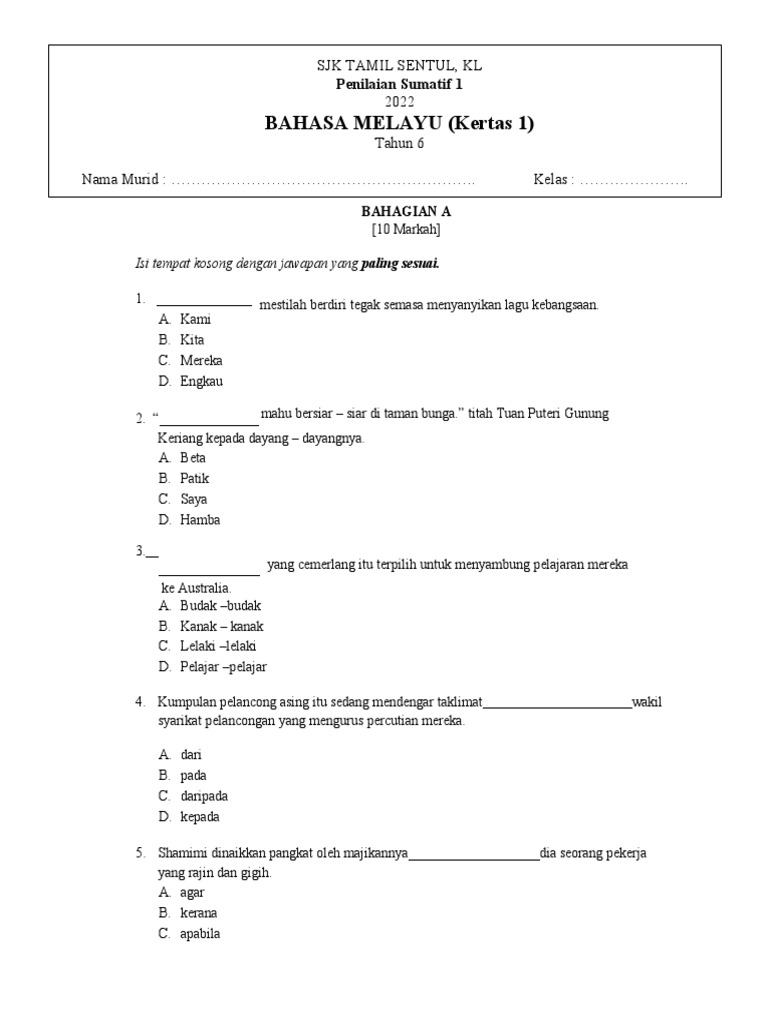 Bahasa Melayu Tahun 6 Kertas 1 | PDF