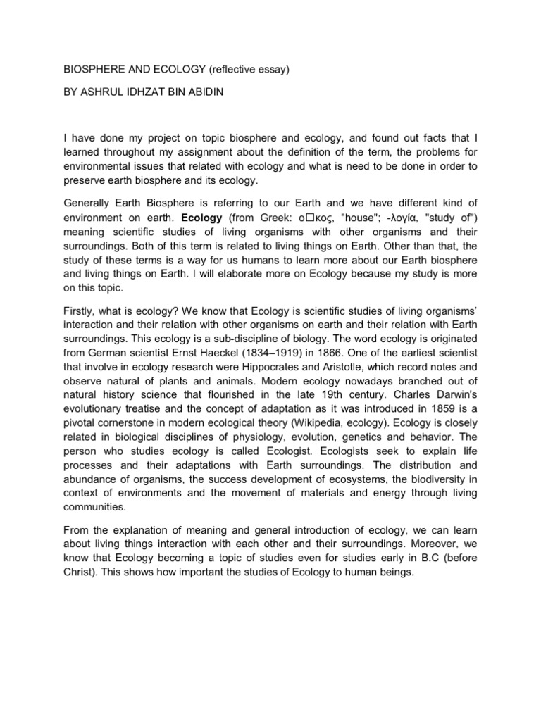 Biosphere and Ecology Reflective Essays | PDF