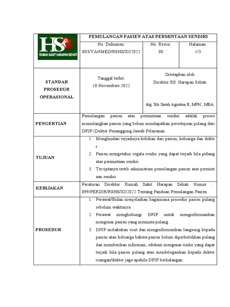 Final Spo Pemulangan Pasien Atas Permintaan Sendiri Rshs | PDF