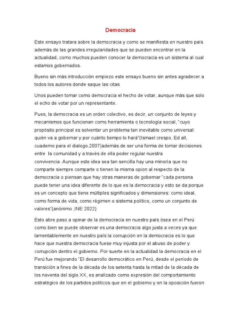 Ensayo Democracia Pdf Democracia Ideologías Políticas
