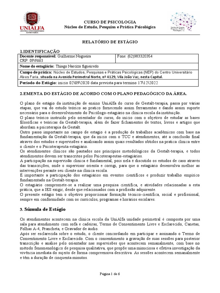 Relatório de estágio em psicologia com foco em Gestalt-terapia | PDF ...