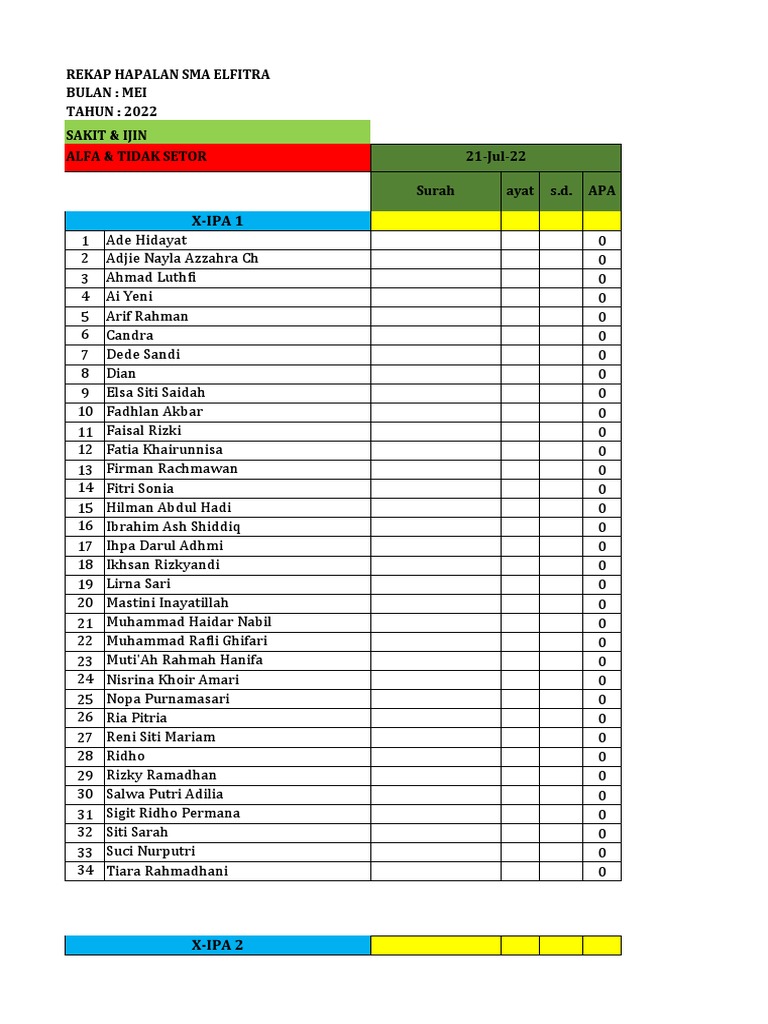 Form Rekap Tahfidz Xi Ips Jul-August | PDF