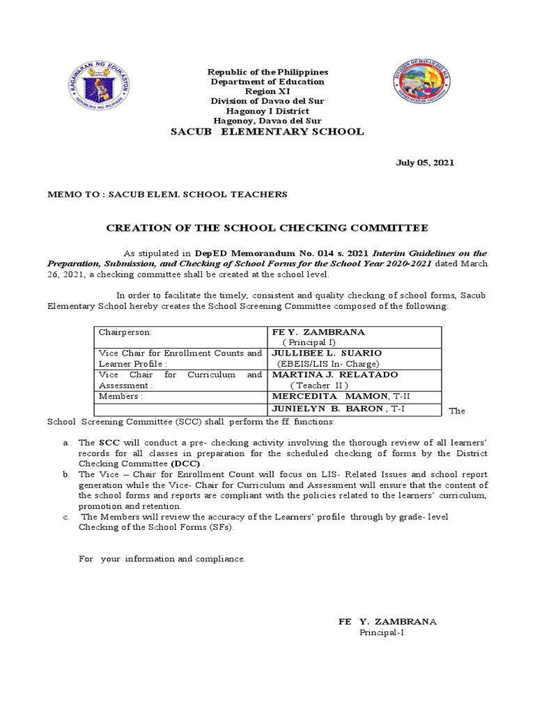 Creation of the School Checking Committee: Ensuring Accurate and ...