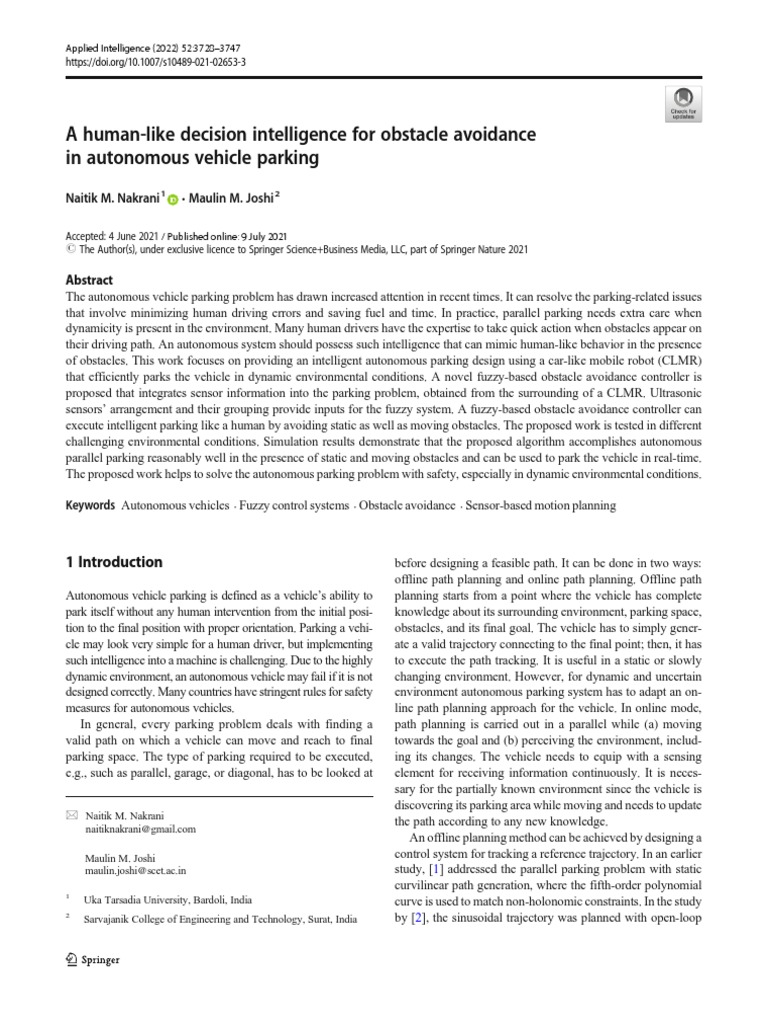 A Human-Like Decision Intelligence For Obstacle Avoidance in Autonomous Vehicle Parking | PDF ...