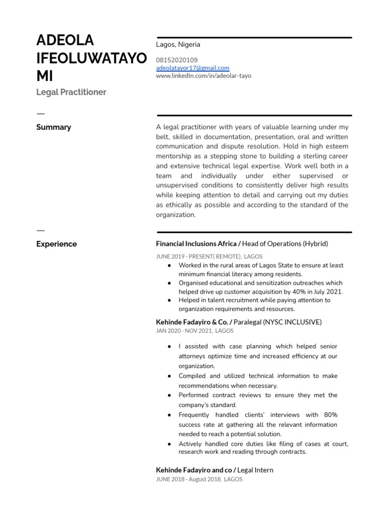 Adeola Ifeoluwatayomi CV | PDF | Lawyer | Paralegal