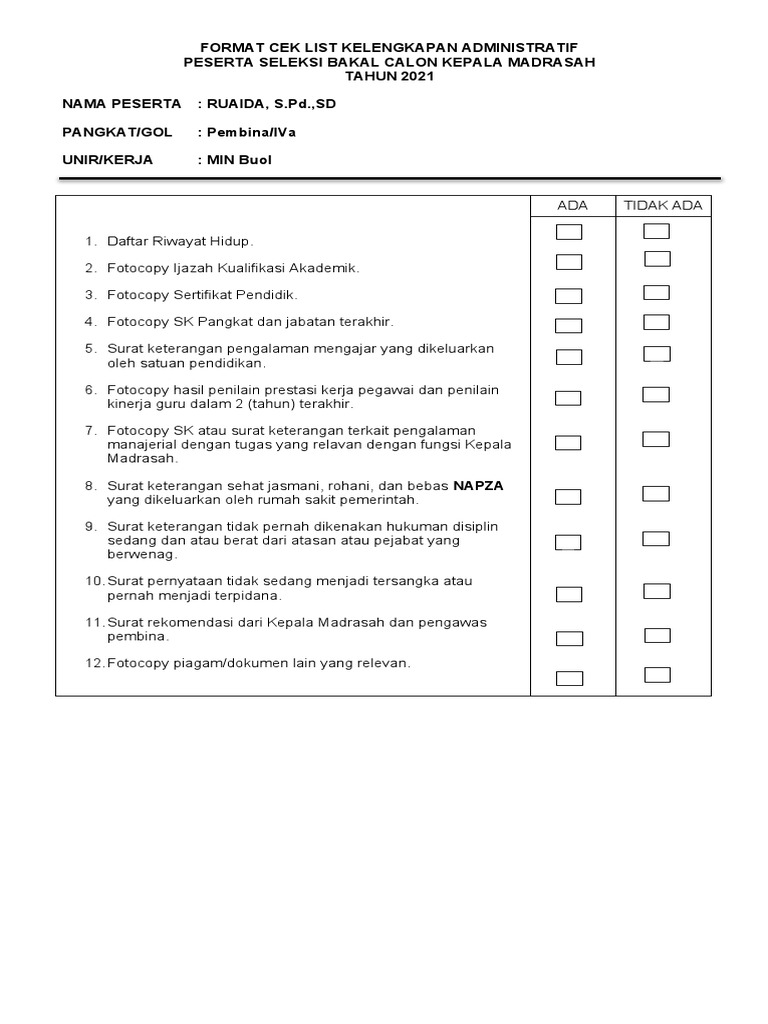 Format Cek List Kelengkapan Administratif | PDF
