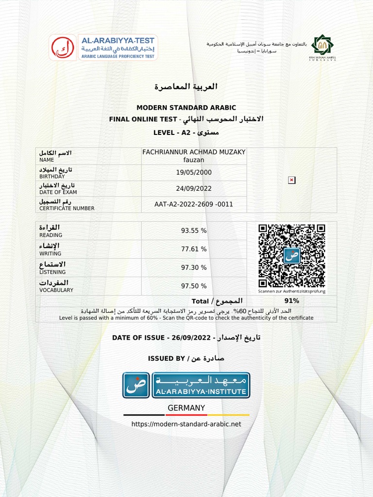 Modern Standard Arabic exam results for Fachriannur Achmad Muzaky | PDF