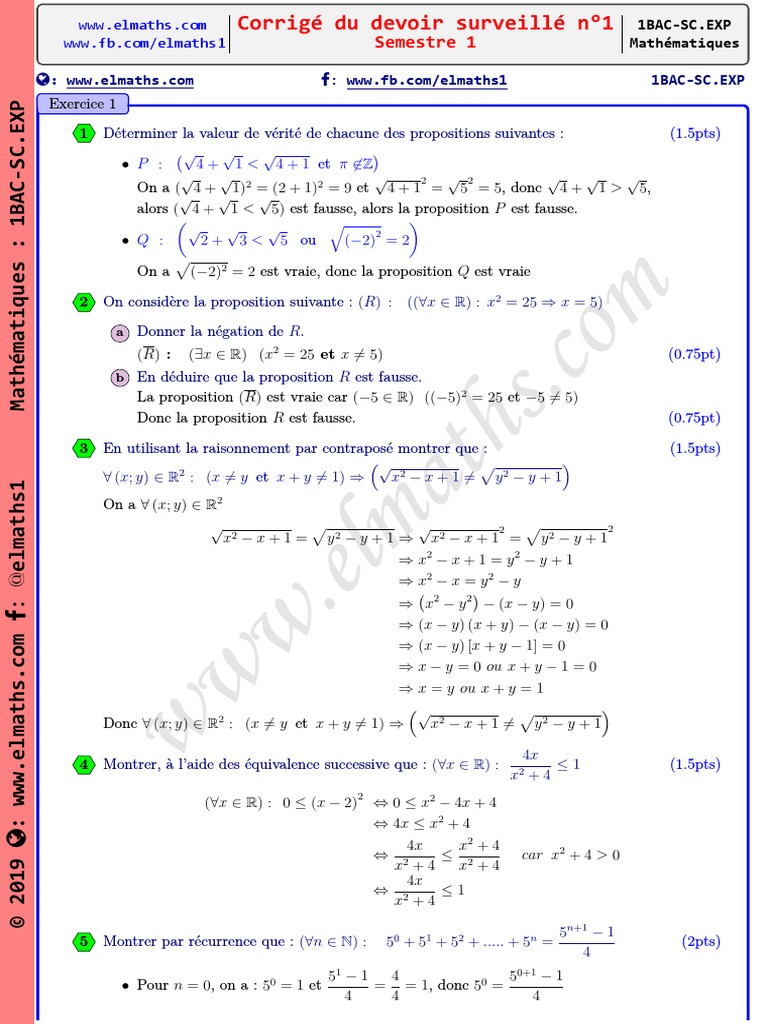 Devoir 1 1BAC SC - Exp FR Solution | PDF | Courbe | Algèbre générale