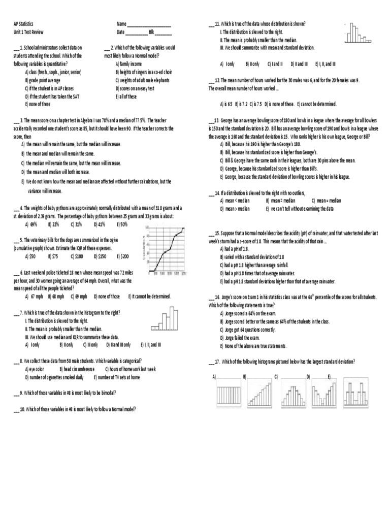 Unit 1 Test Review | PDF | Median | Mean