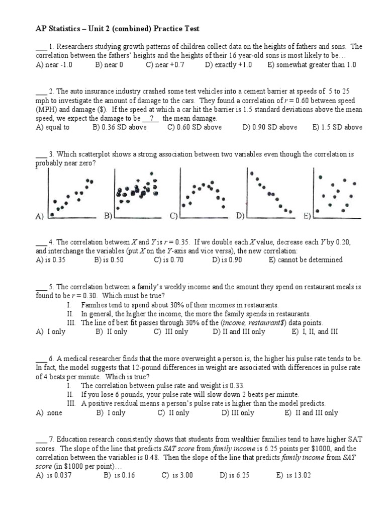 AP Statistics Unit 2 Practice Test | PDF | Errors And Residuals ...
