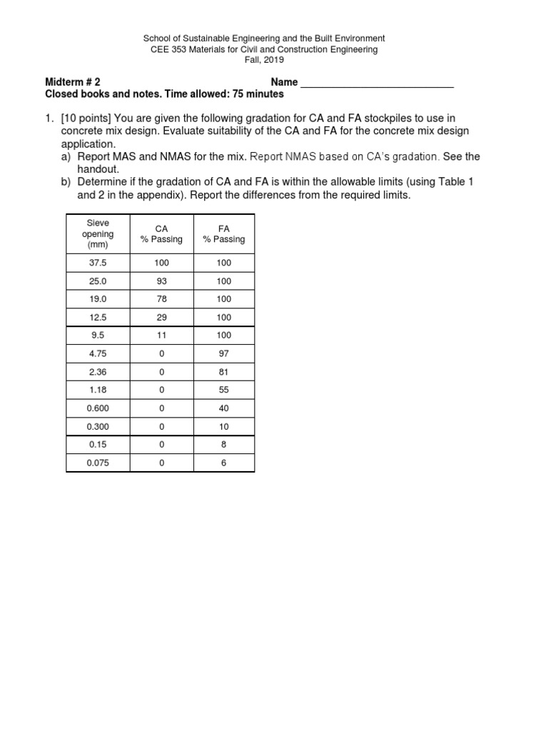 CEE 353 Part 2 Practice Midterm Exam | PDF | Concrete | Cement CEE 353 Part 2 Practice Midterm Exam | PDF | Concrete | Cement