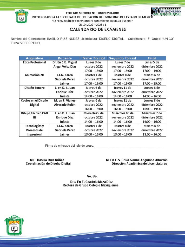 7° Cuatri Calendario de Examenes Parciales y Final | PDF 7° Cuatri Calendario de Examenes Parciales y Final | PDF