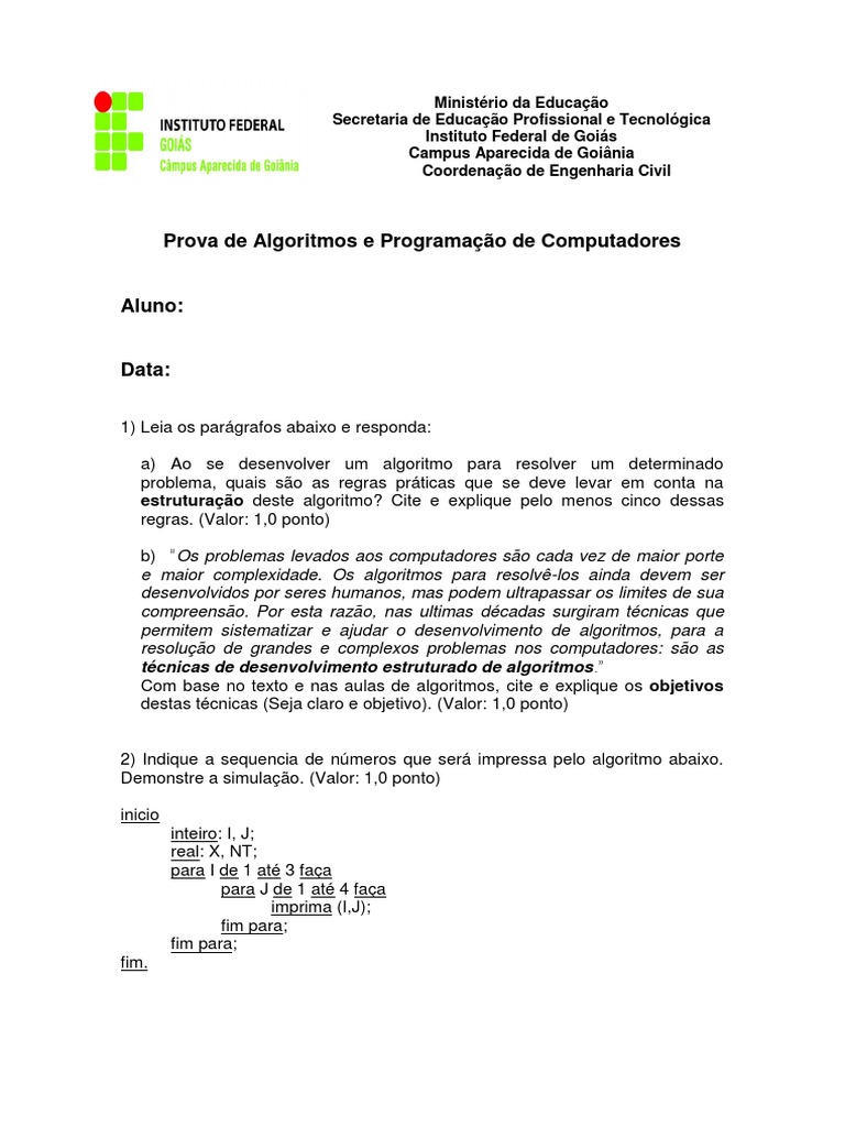 Prova N1 2021 2 | PDF | Algoritmos | Informática
