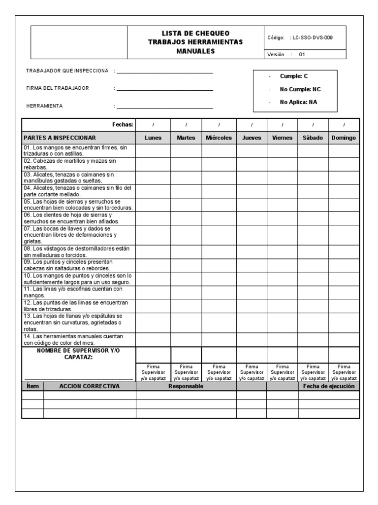 LC-SSO-DVS-009 Lista de Chequeo de Herramientas Manuales | PDF