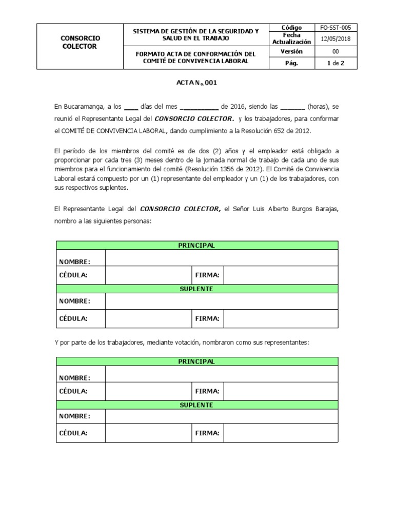 FO-SST-005 Acta de Conformación Del Comite de Convivencia Laboral | PDF | Gobierno