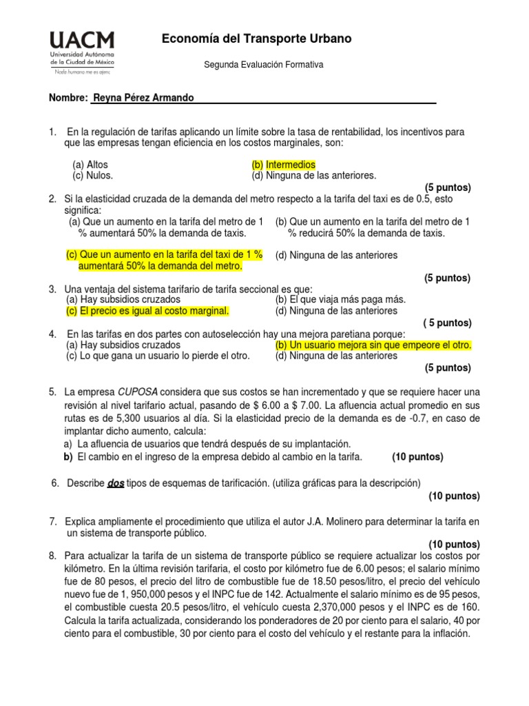 Segundo Examen de Economia Del Transporte | Descargar gratis PDF | Transporte | Transporte público