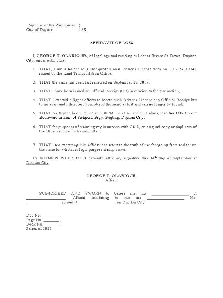 Affidavit of LOSS LTO or | PDF | Law