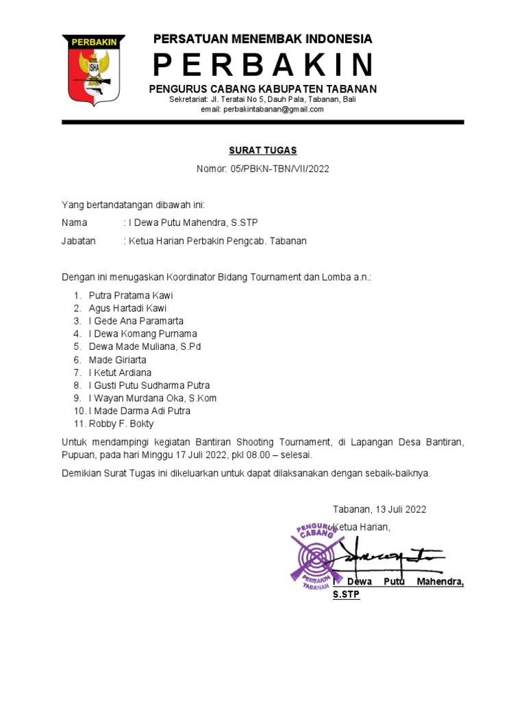 Surat Tugas Tournament Menembak Tabanan | PDF