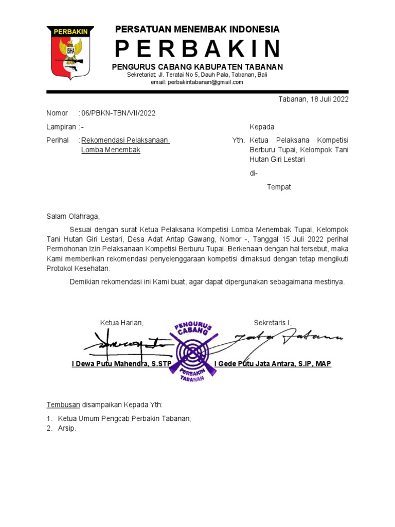 Perbakin 6 Surat Rekomendasi Lomba Menembak Belatungan | PDF
