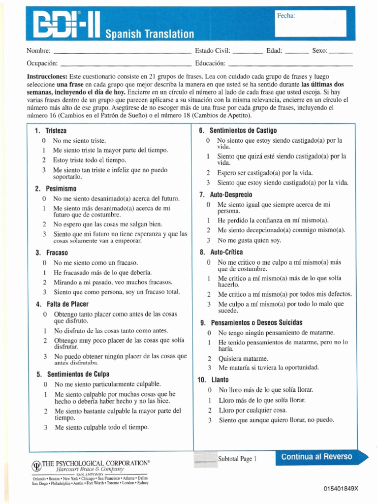 Beck Depression Inventory | PDF | Determinantes de la salud | Cognición