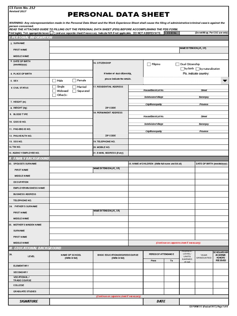 Personal Data Sheet Form Guide | PDF | Passport | Personally ...
