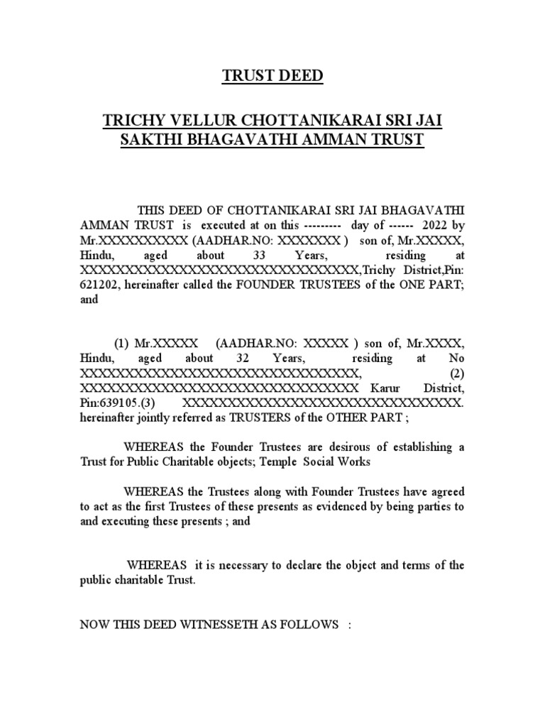 Trust Deed Trichy Vellur Chottanikarai Sri Jai Sakthi Bhagavathi Amman Trust | Download Free PDF ...