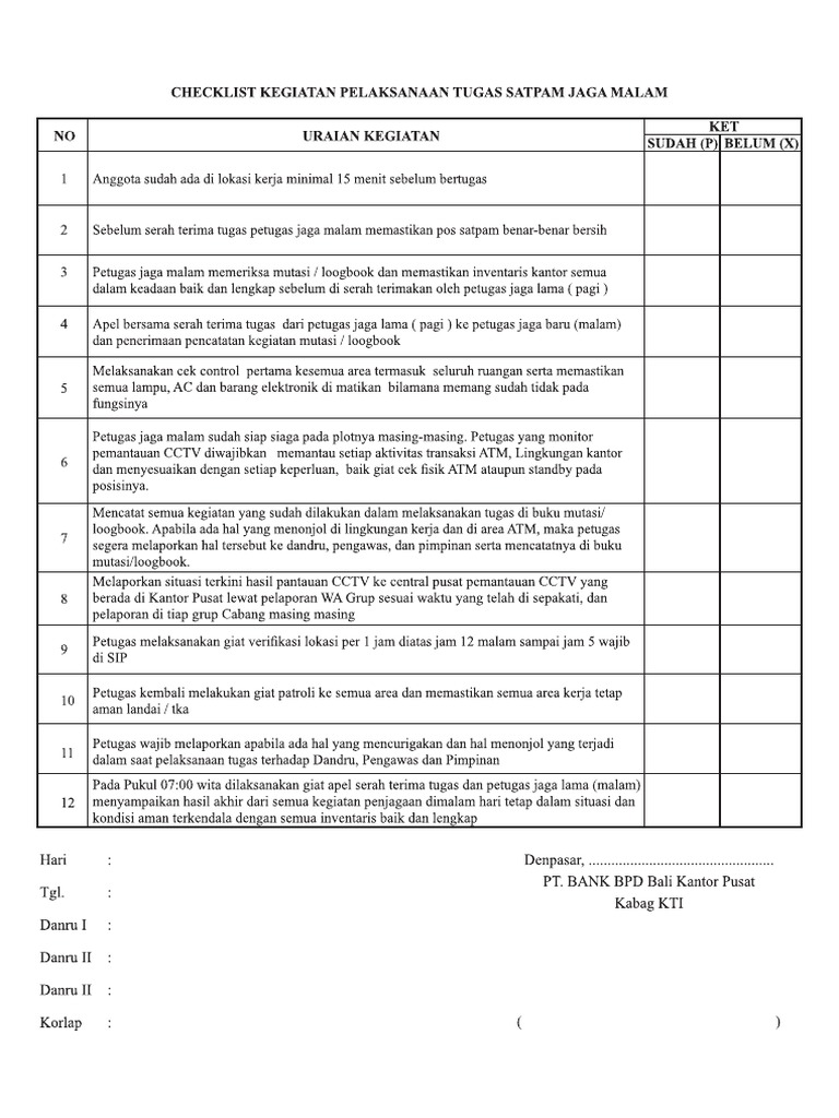 Checklist Kegiatan Satpam Bpd | PDF