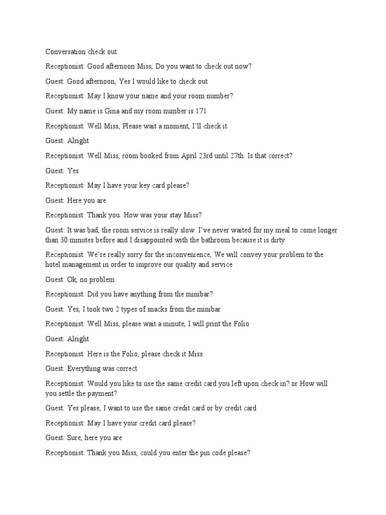 Hotel Check-Out Conversation Example | PDF
