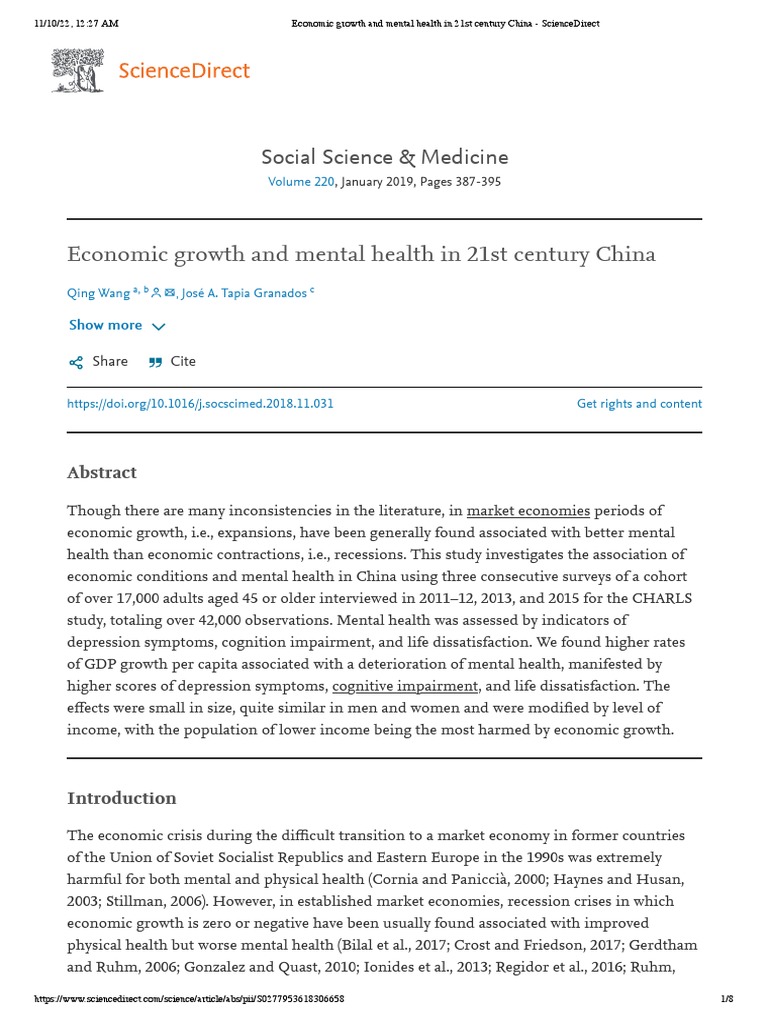 Economic Growth and Mental Health in 21st Century China - ScienceDirect ...