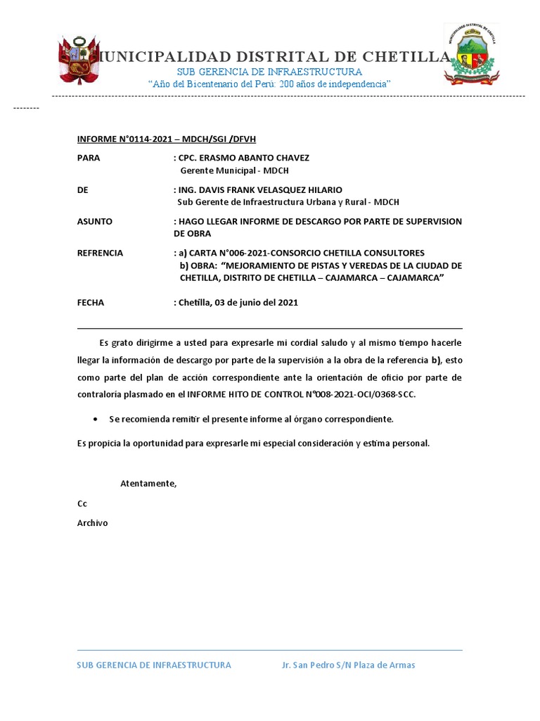 Informe #0114-2021 - Hago Llegar Descargo Respecto Al Informe de ...