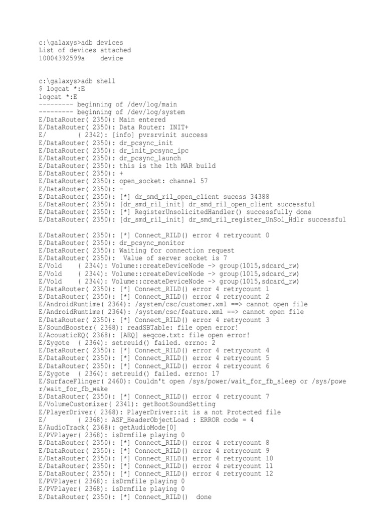 Initialization and configuration logs from an Android device showing ...