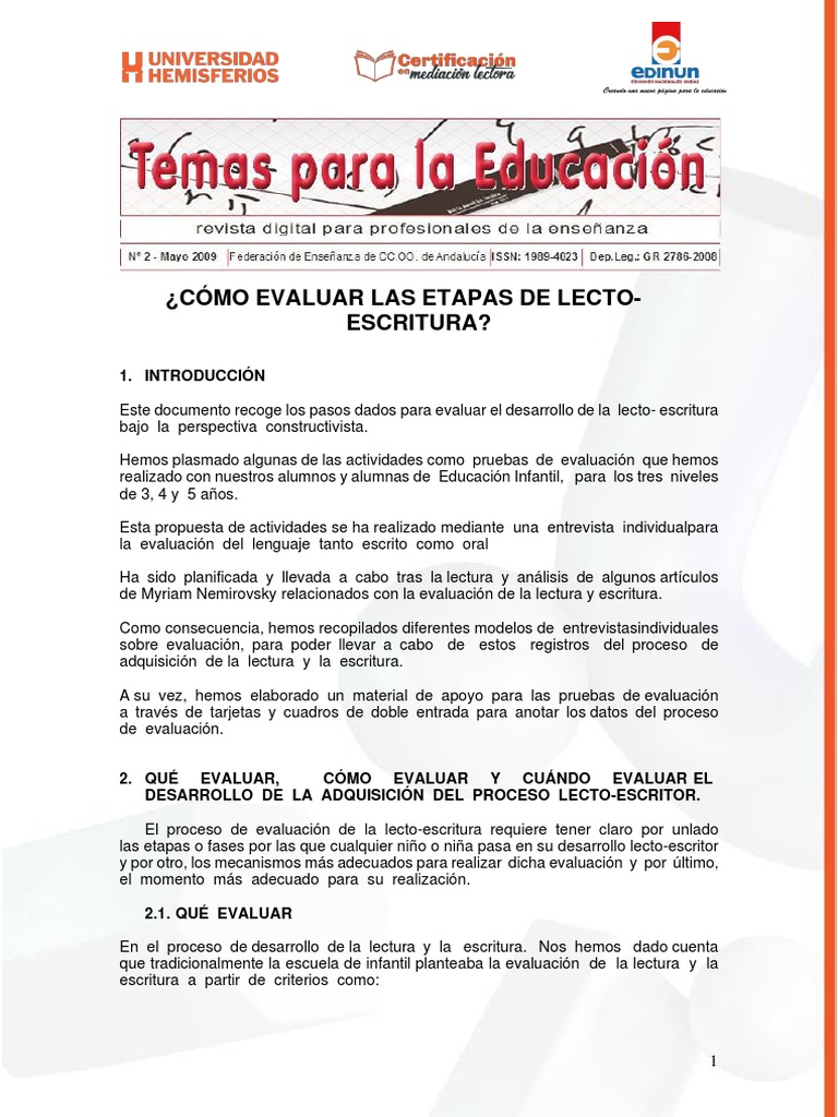 Presentación 1. Evaluación Lectoescritura | PDF | Evaluación | Escritura