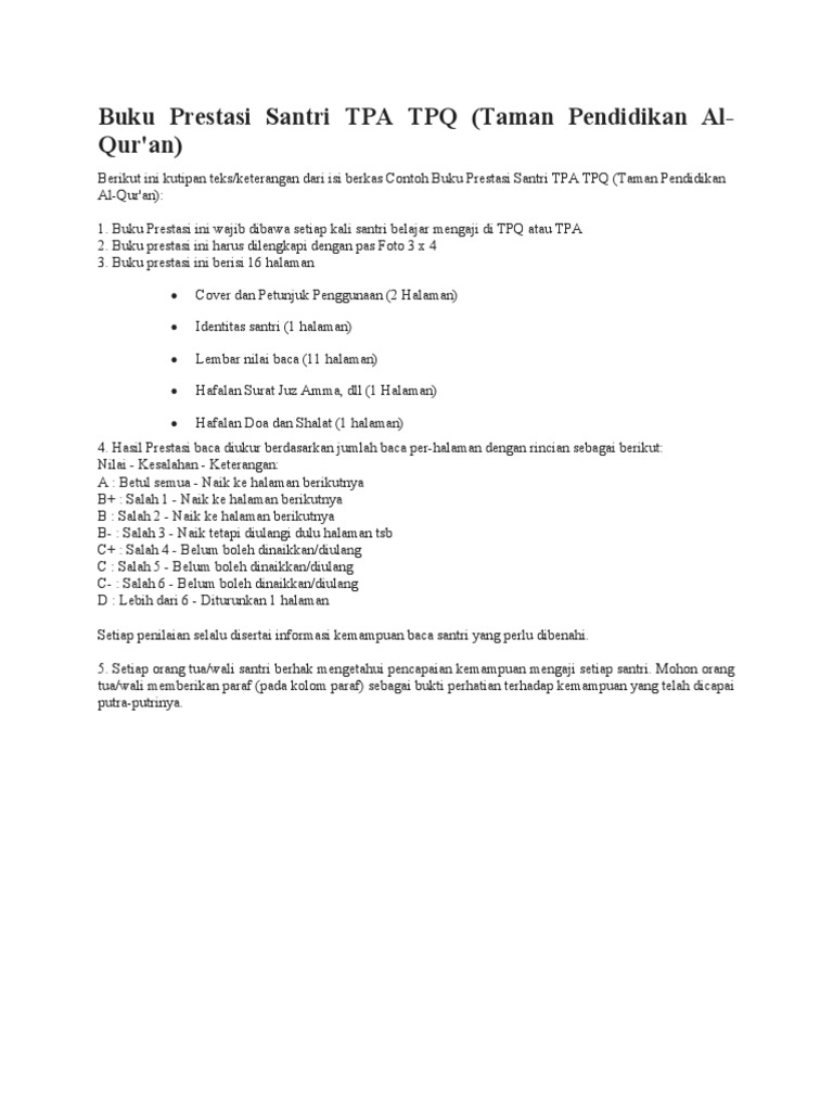Buku Prestasi Santri TPA TPQ | PDF
