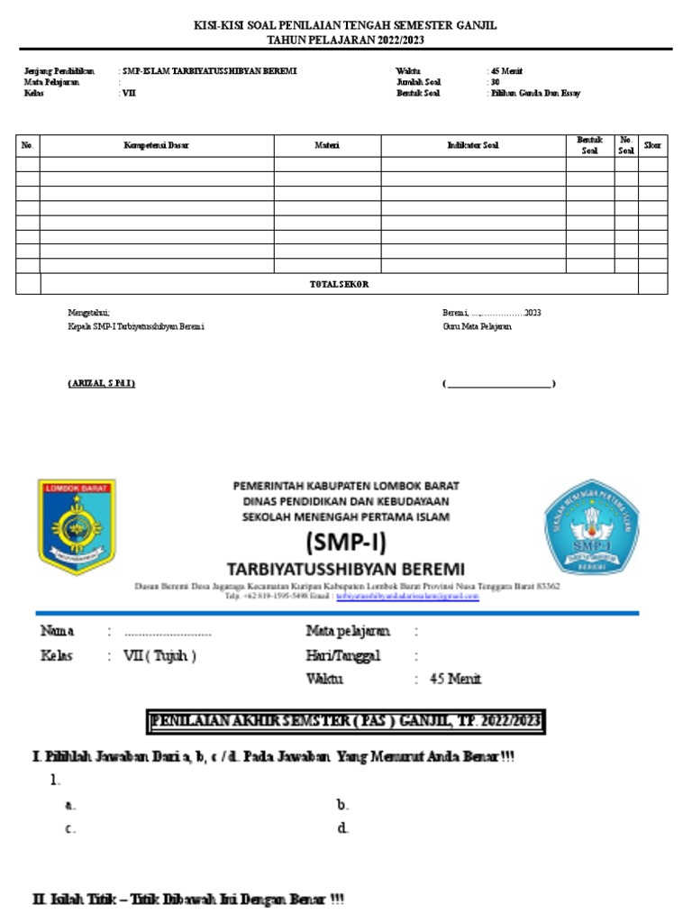 Format Kisi - Kisi, Soal Dan Jawaban Pas Smp-I. Tarbiyatusshinyan Beremi | PDF