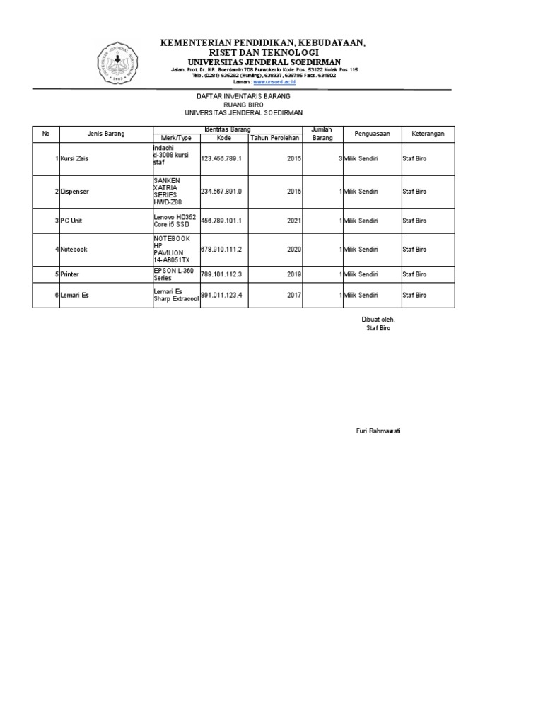 Daftar Inventaris Barang | PDF