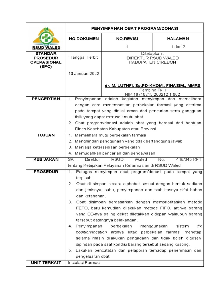 Prosedur Penyimpanan Obat Donasi RSUD Waled | PDF