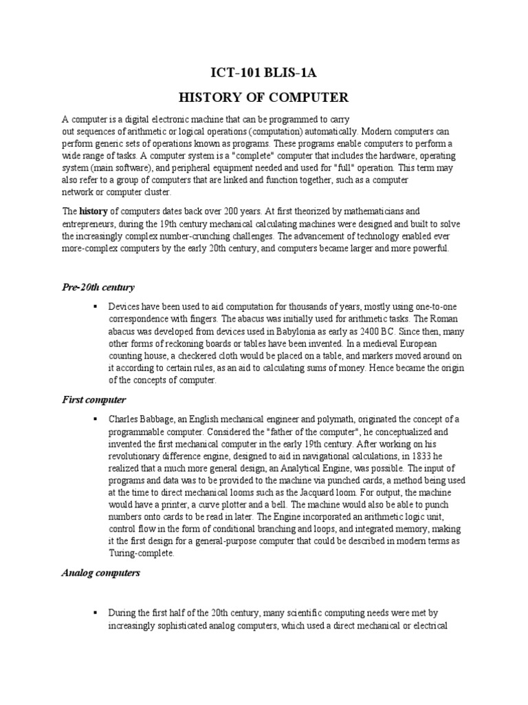 ICT-101 BLIS-1A History of Computer: Pre-20th Century | PDF ...