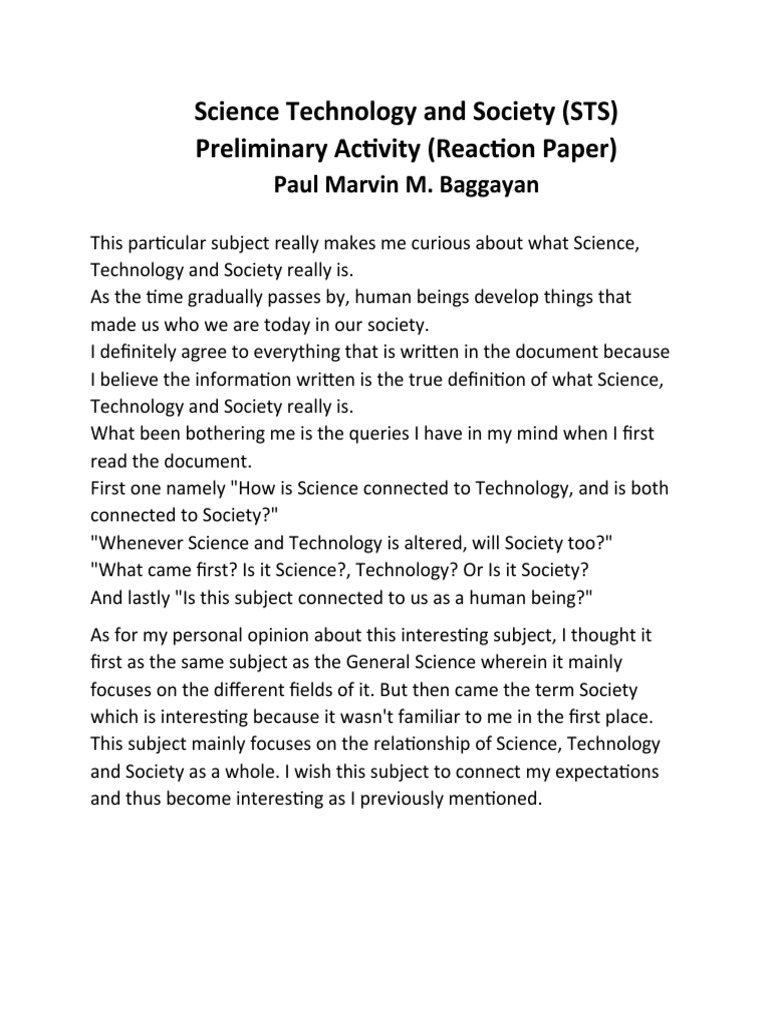STS - Reflection Paper Preliminary Activity | PDF