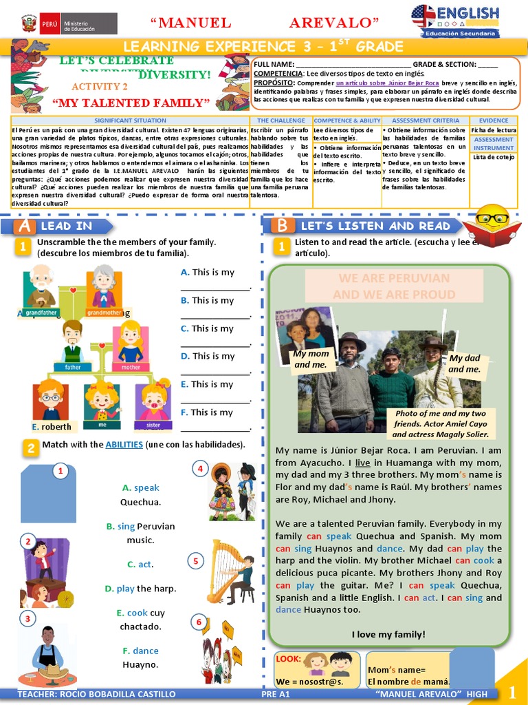 1° Pre A1 - Eda 3 - Act 2 - 2022 1 | PDF | Lingüística | Perú